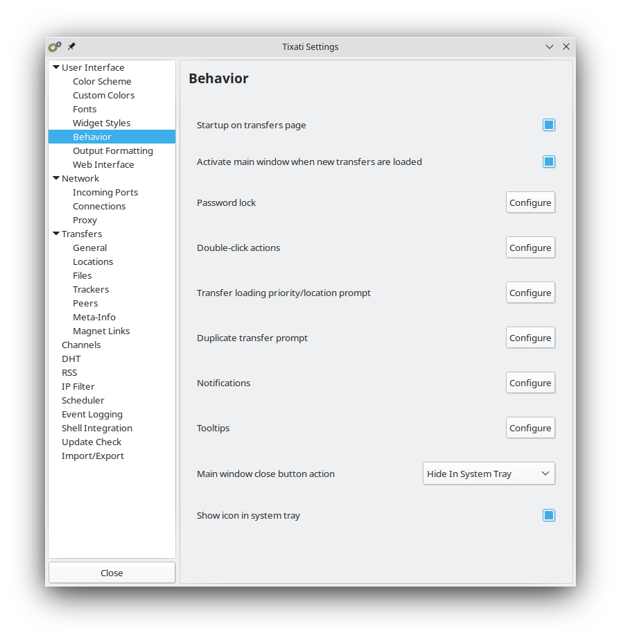 Settings - User Interface - Behavior - Tixati